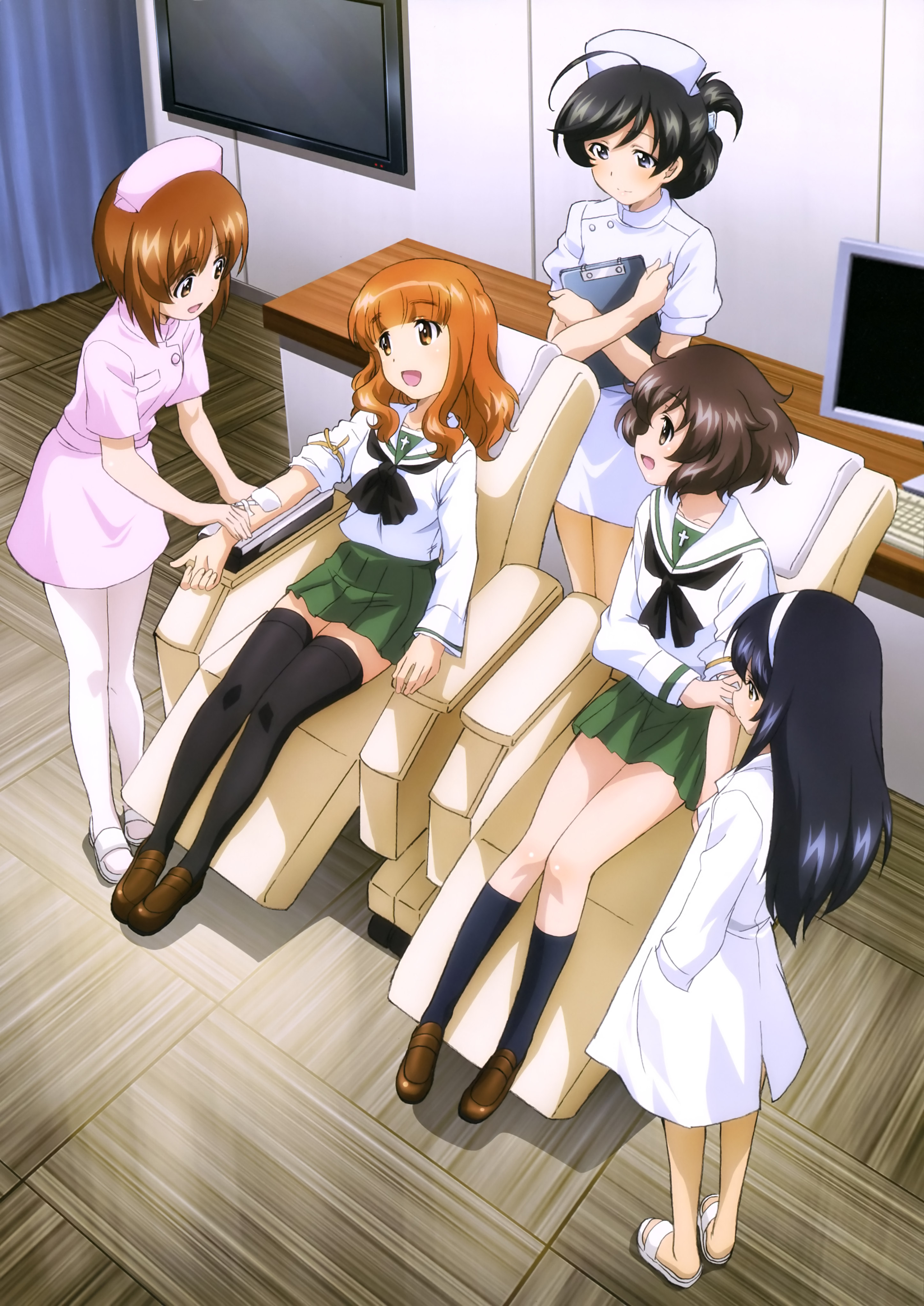 Safebooru - 5girls absurdres akiyama yukari black eyes black hair black legwear blood donation ...